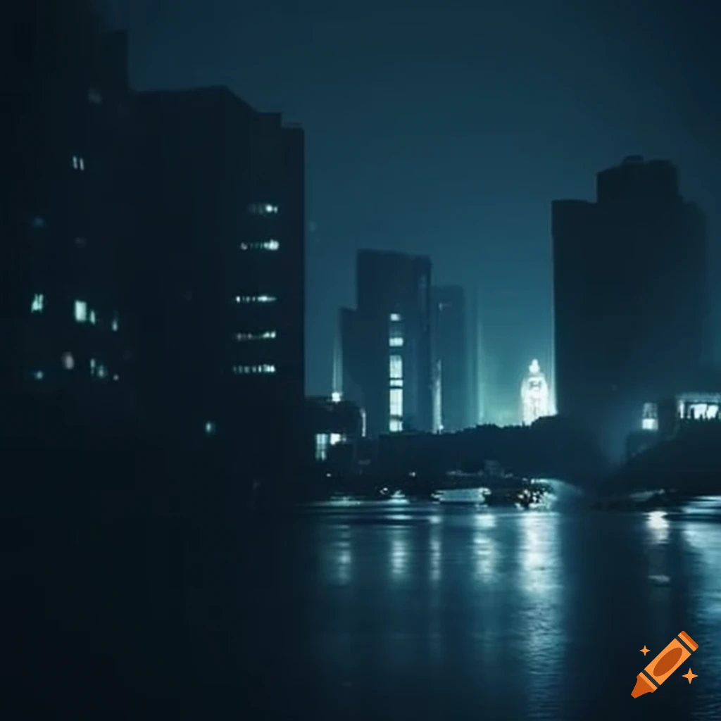 Polluted city at night with colorless buildings on Craiyon