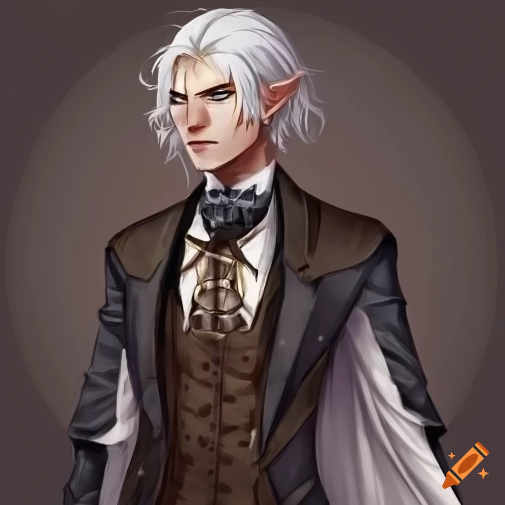 Aasimar d&d butler with white hair and golden eyes in long overcoat on ...