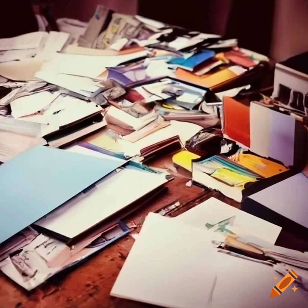Messy desk with folders on Craiyon