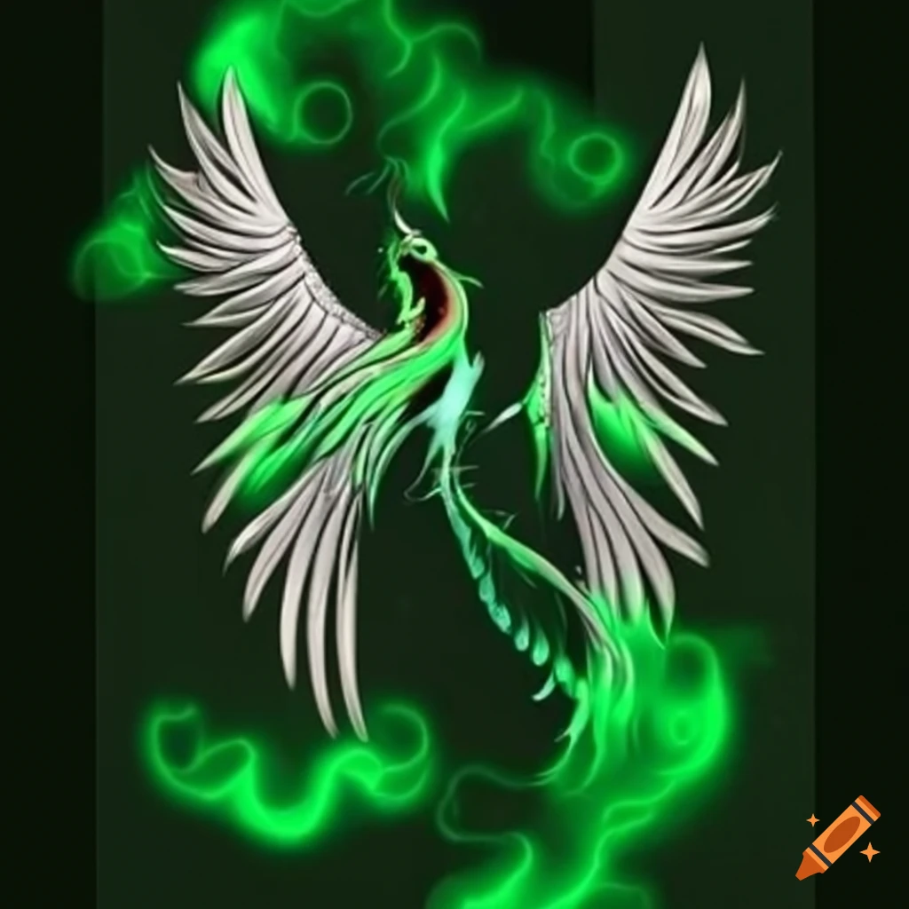 Silver phoenix surrounded by green fire on Craiyon