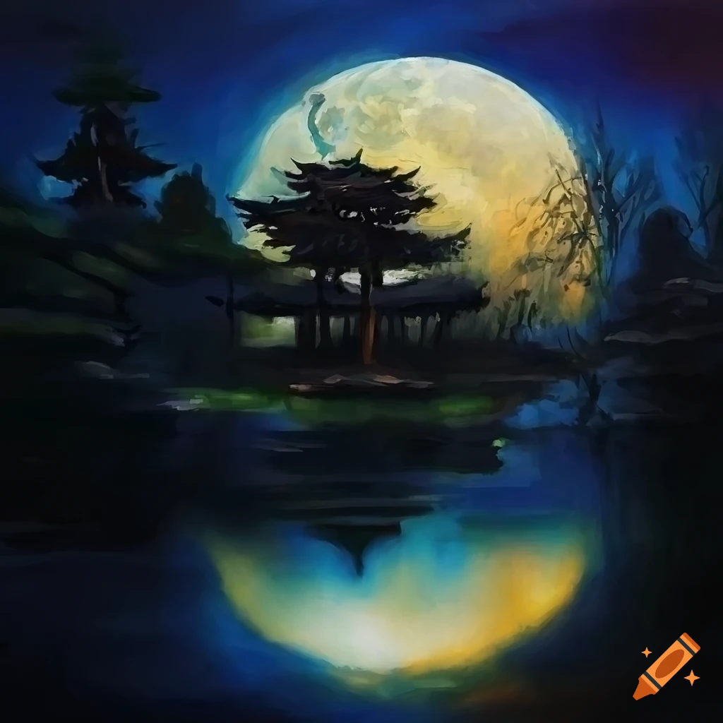 Nocturnal japanese garden lake under the moon in an abstract painting ...