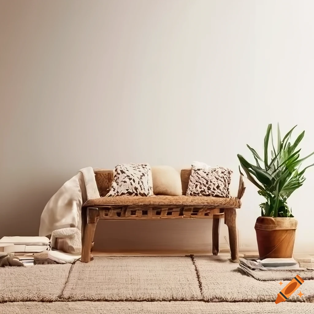 Bright room with rustic wooden bench, plants, cushions, and throw ...