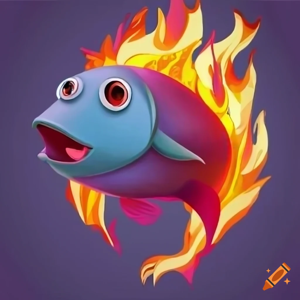Cartoon fish engulfed in flames on Craiyon