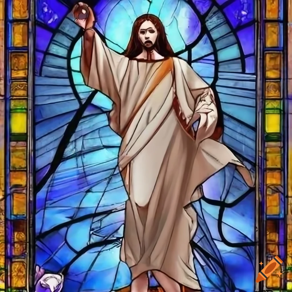 Anime art of jesus in celestial form with stained glass background on ...