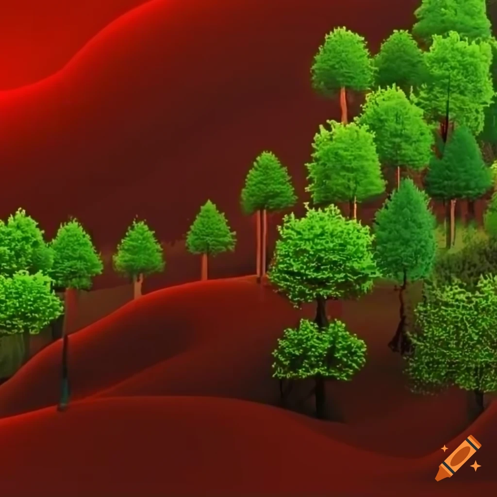 Scenic red terrain with green trees on Craiyon