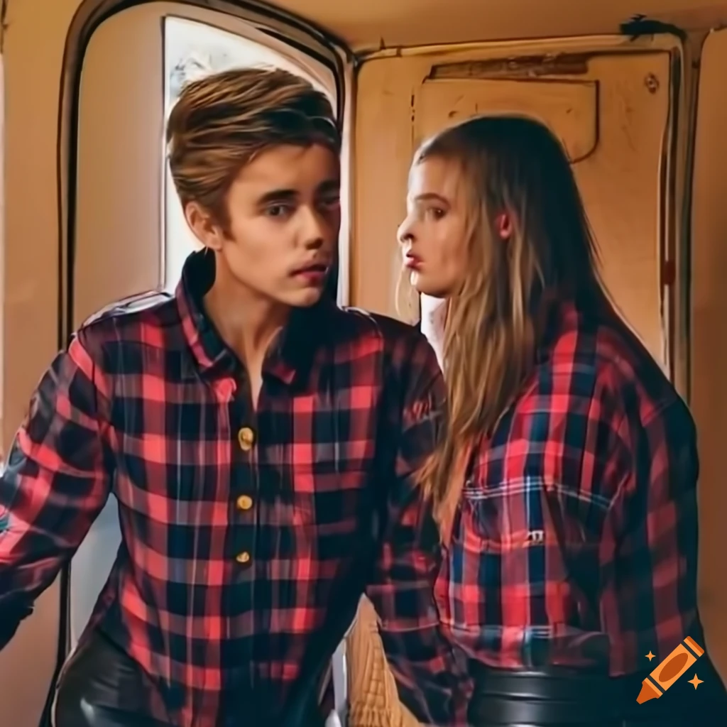 Close-up view of two people in country plaid shirt and high-waist black leather trousers on Craiyon