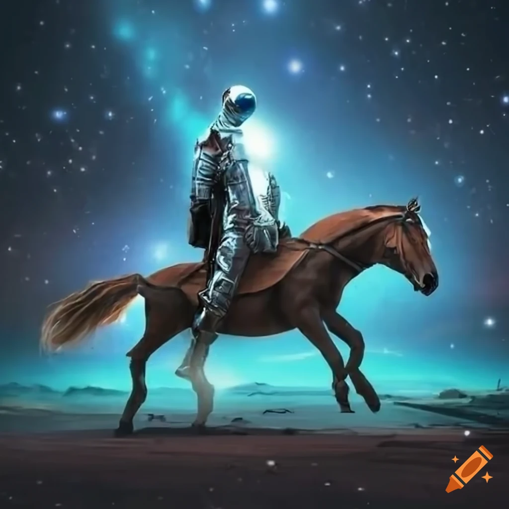 Rugged cowboy in futuristic space suit riding a horse through the ...