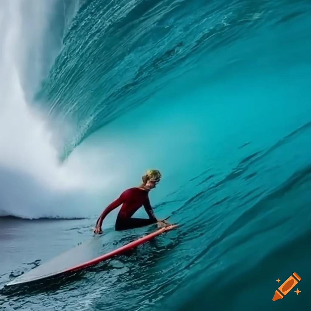 Blonde surfer riding a giant wave with a red board on Craiyon