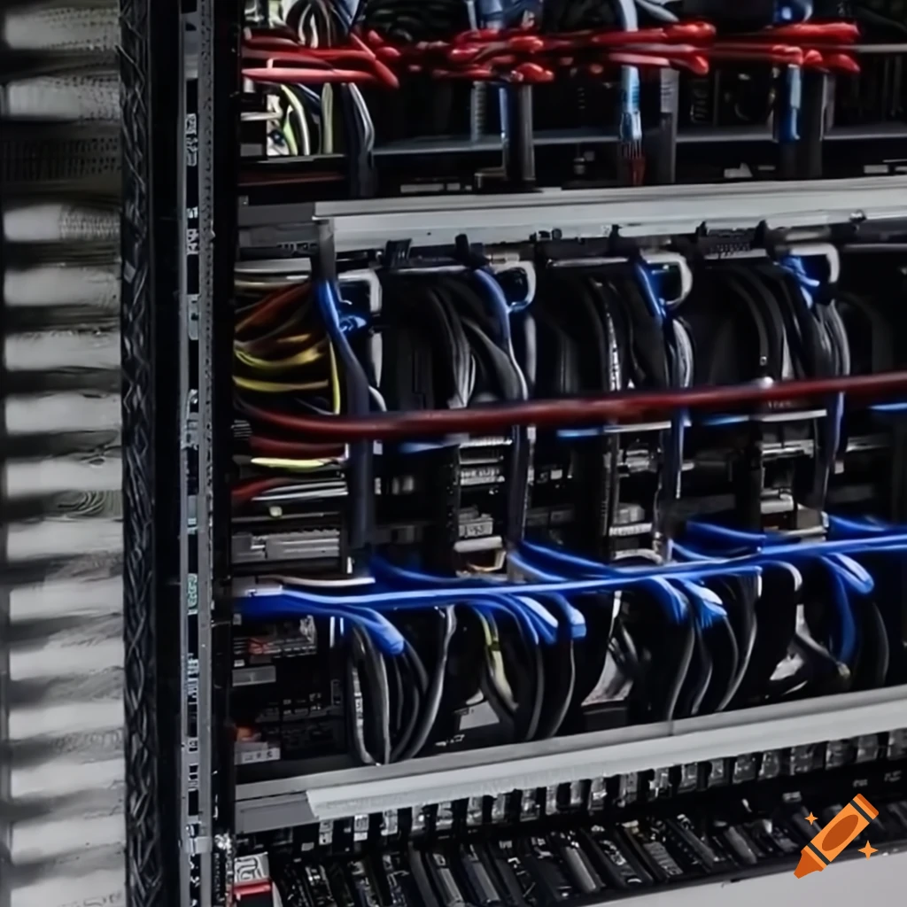 Neat and organized cable management in a server rack on Craiyon