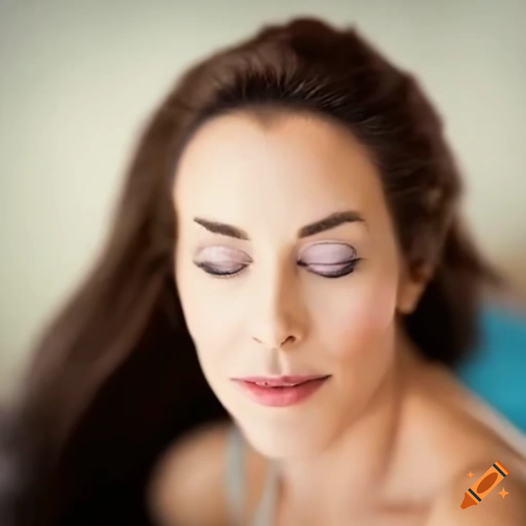 Facial closeup of Darya Folsom with eyes closed and subtle makeup on Craiyon