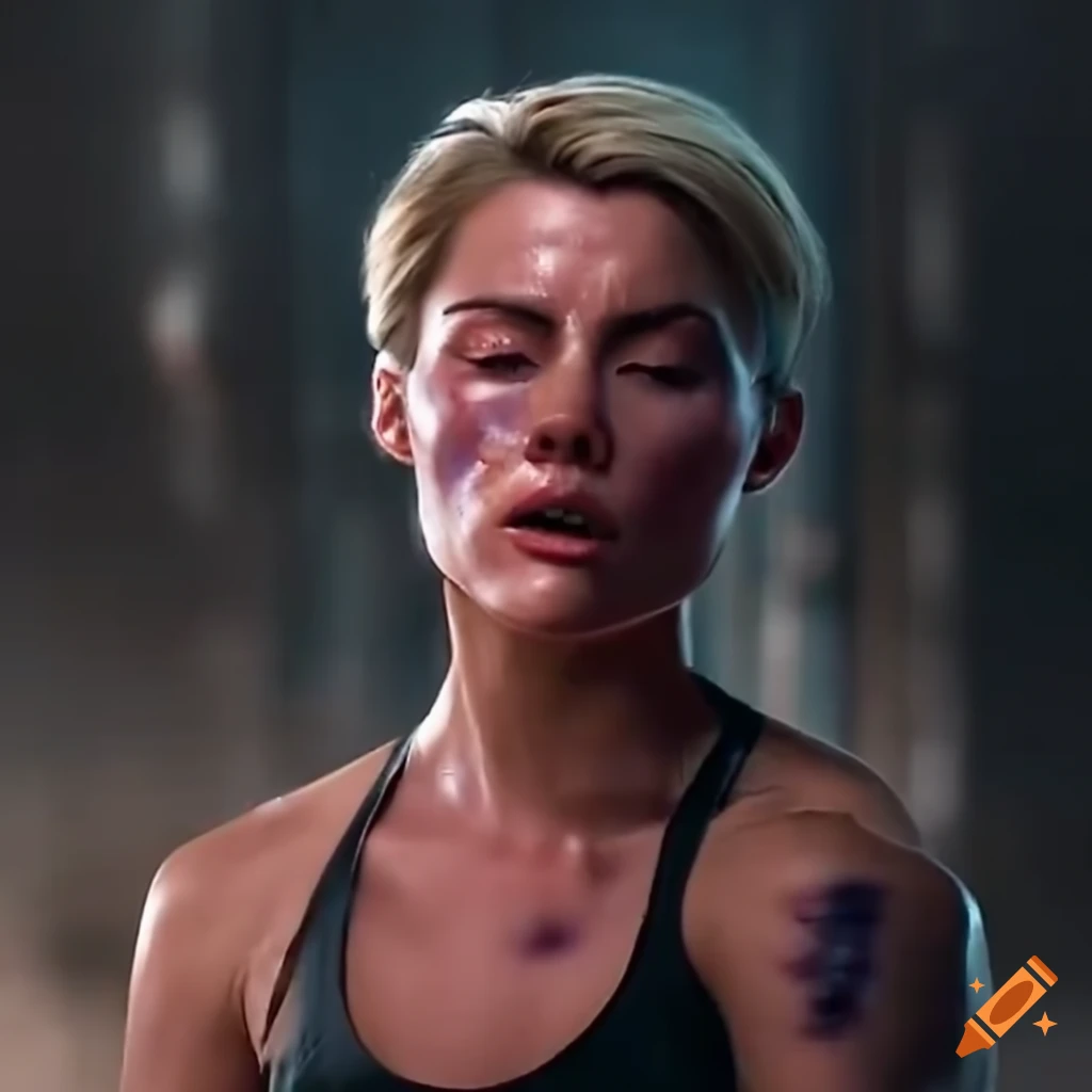 Martial arts fighter woman with bruised face in a movie fight scene on Craiyon