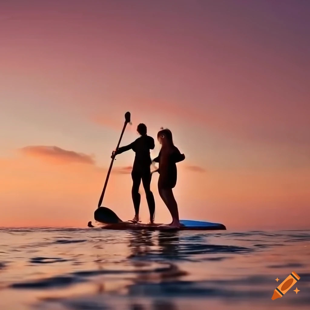 Couple paddle boarding at sunset with their dog on beach on Craiyon