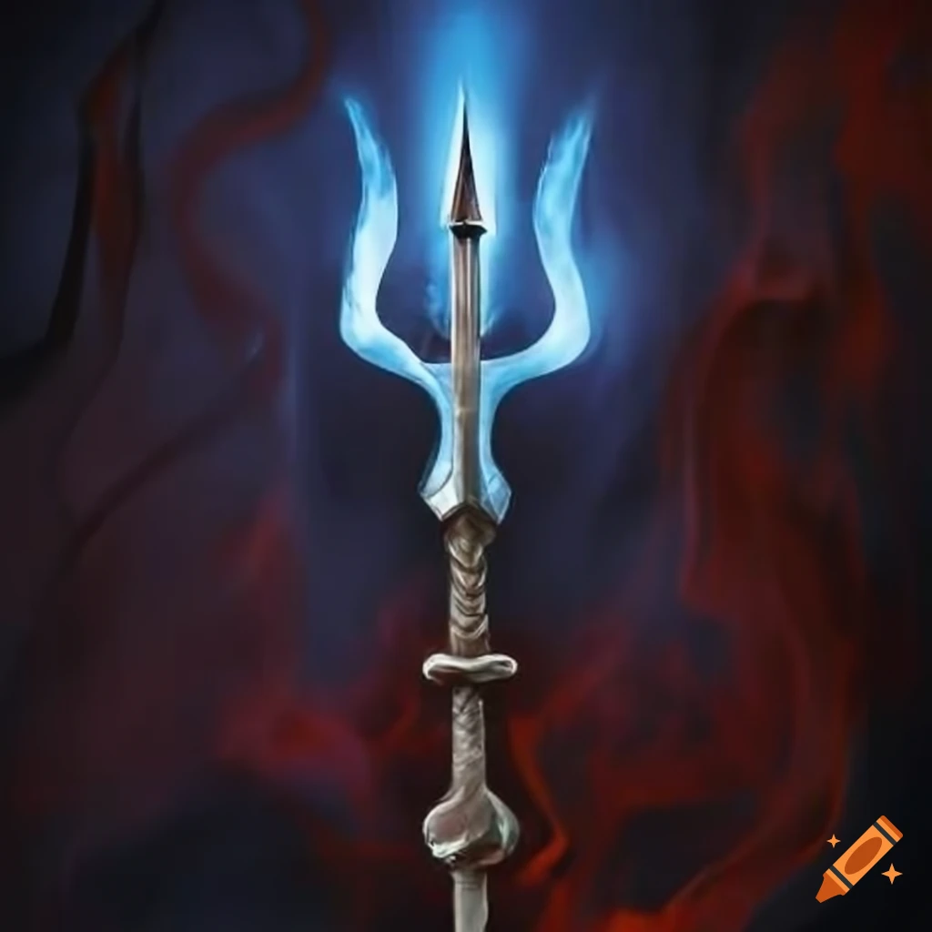 Trident surrounded by fire and water crossed with a sword on Craiyon