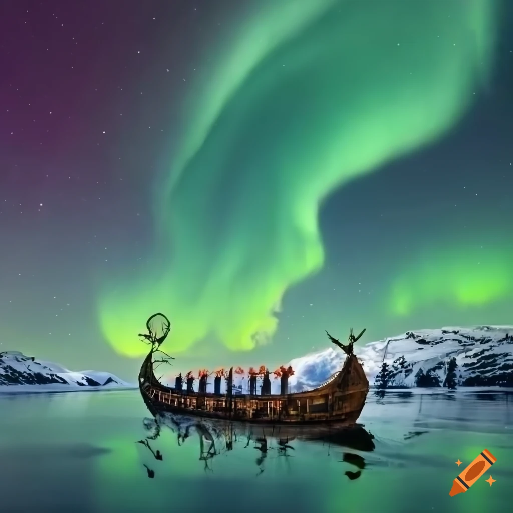 Viking longship with jellyfish and northern lights in snowy mountain ...