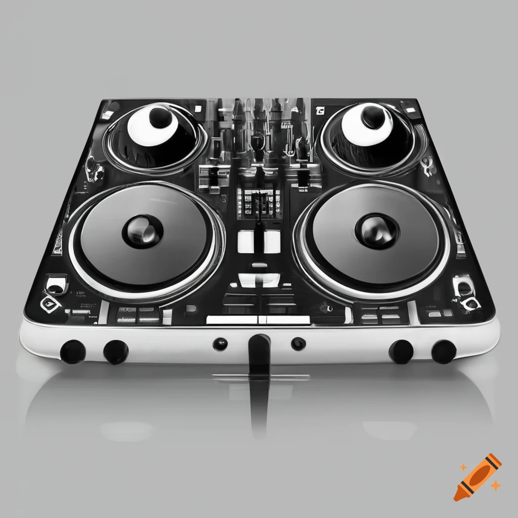 Sleek black and white dj controller with outlined graphics on Craiyon