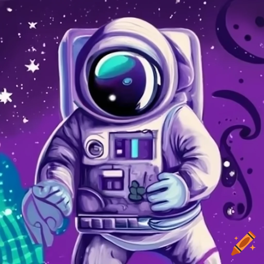 Purple cartoon astronaut surrounded by music in space on Craiyon