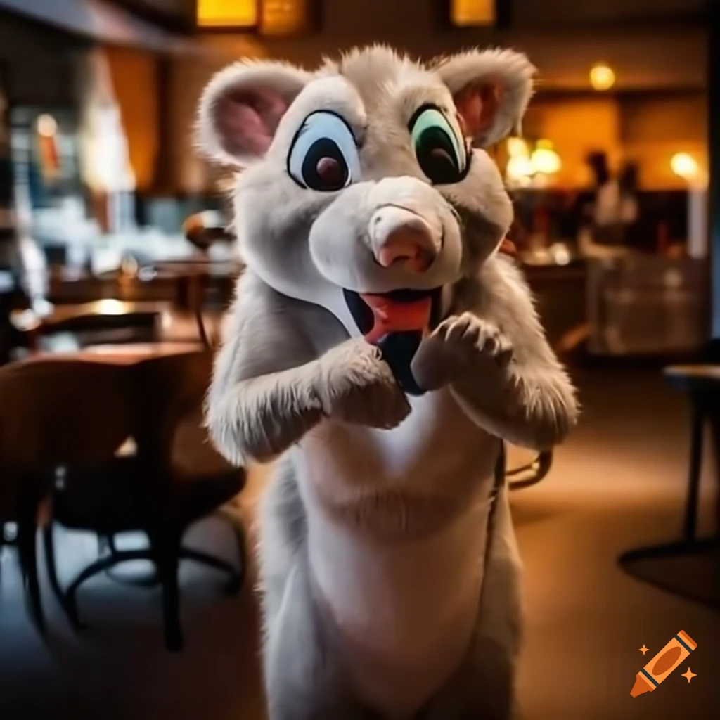 Two fast food workers in full body grey rat mascot fursuits at ...