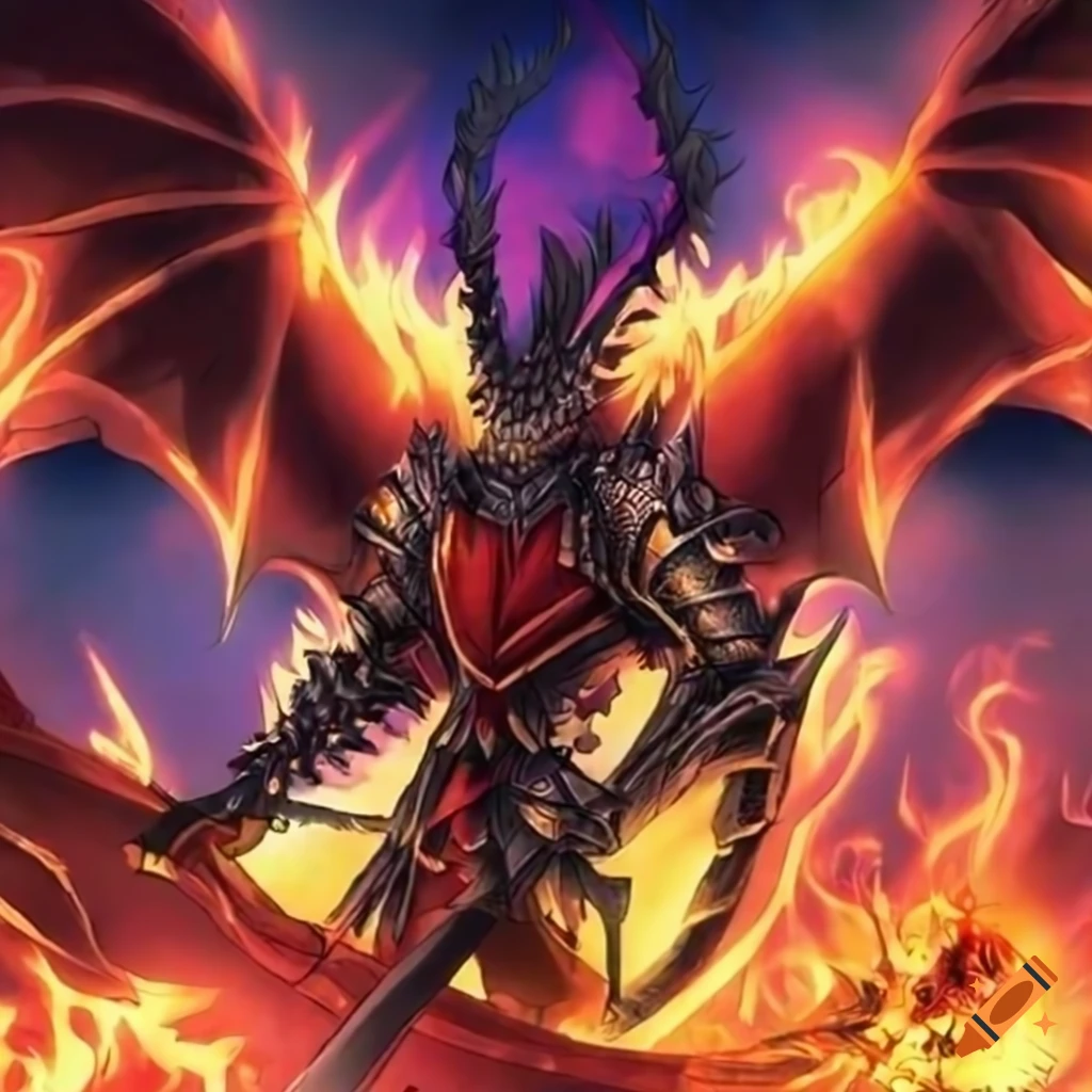 Noble vampire knight riding a dragon surrounded by flames and glowing ...