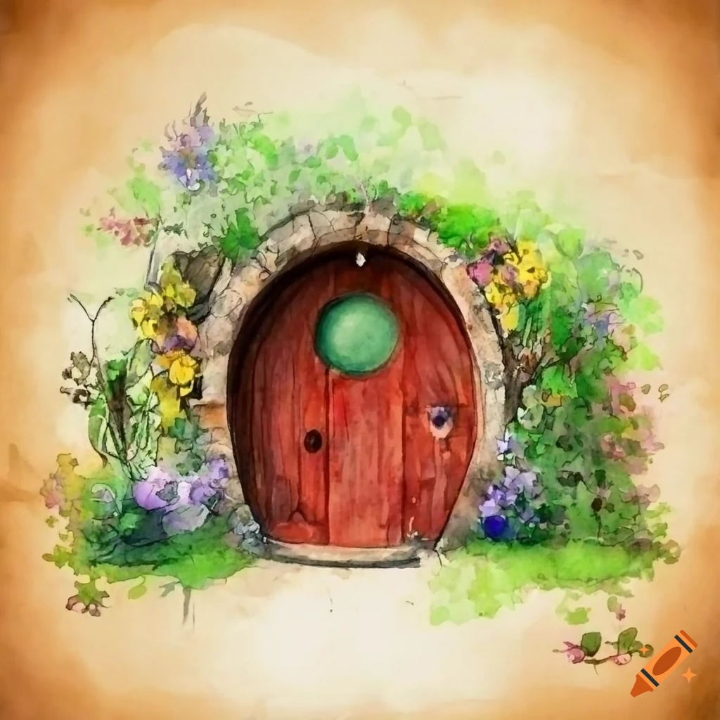 Hobbit door surrounded by flowers in a light watercolor style on Craiyon