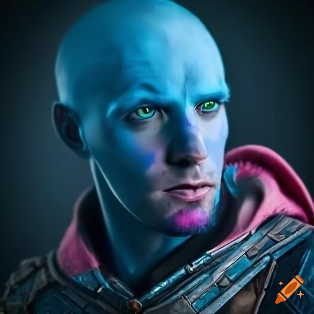 Fantasy adventure male rogue with blue skin and pink hair on Craiyon