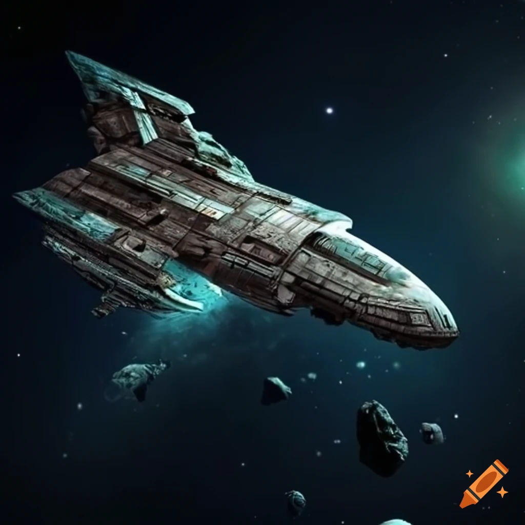 Abandoned spaceship surrounded by rocky asteroids on Craiyon