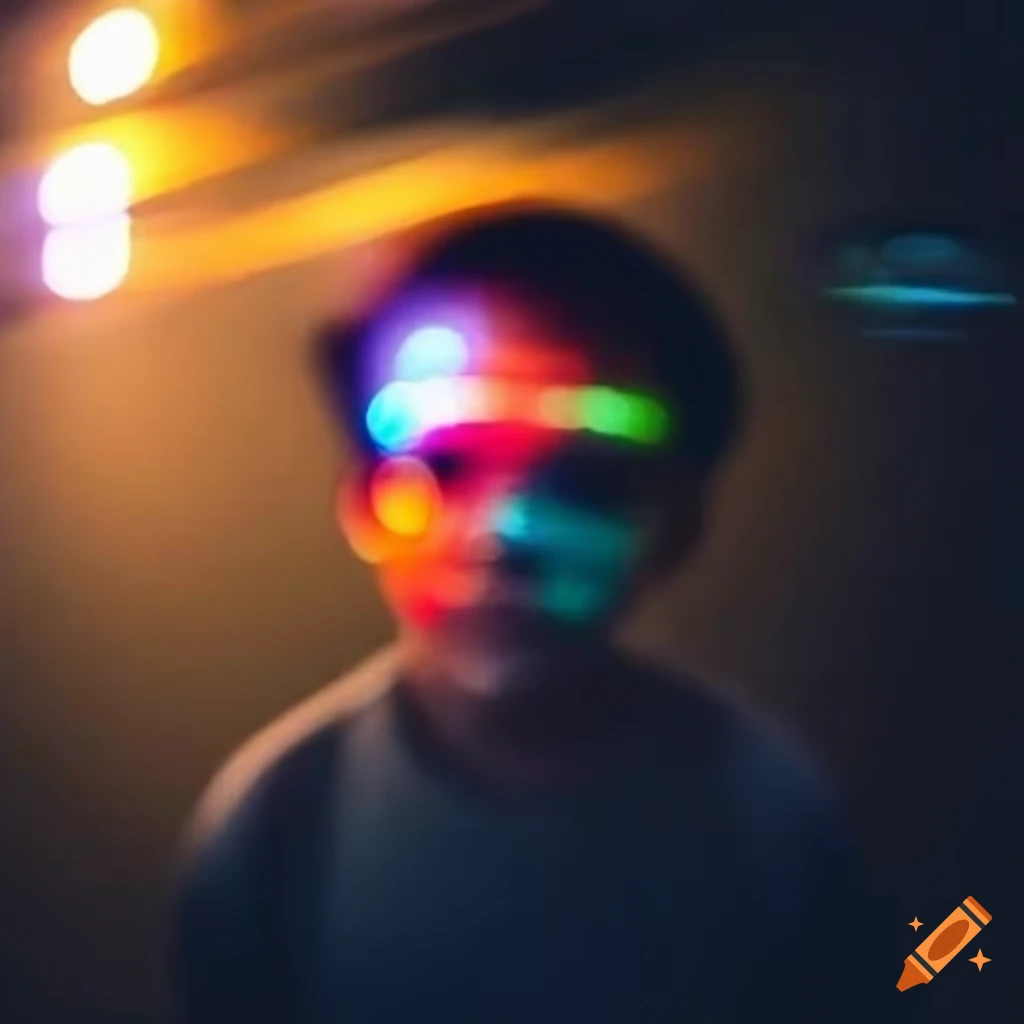 Boy with blurred face and colorful lights in a fisheye lens perspective ...