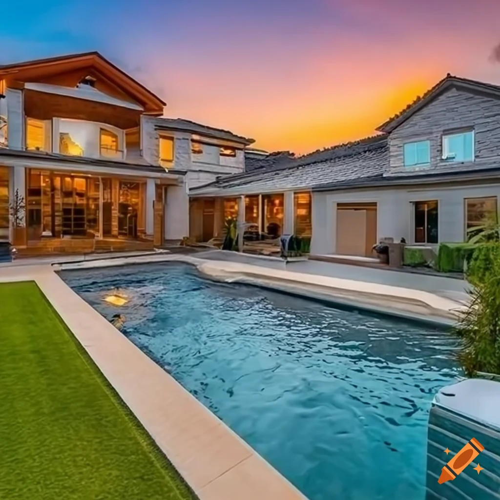 Luxury house with swimming pool and hot tub during golden hour on Craiyon