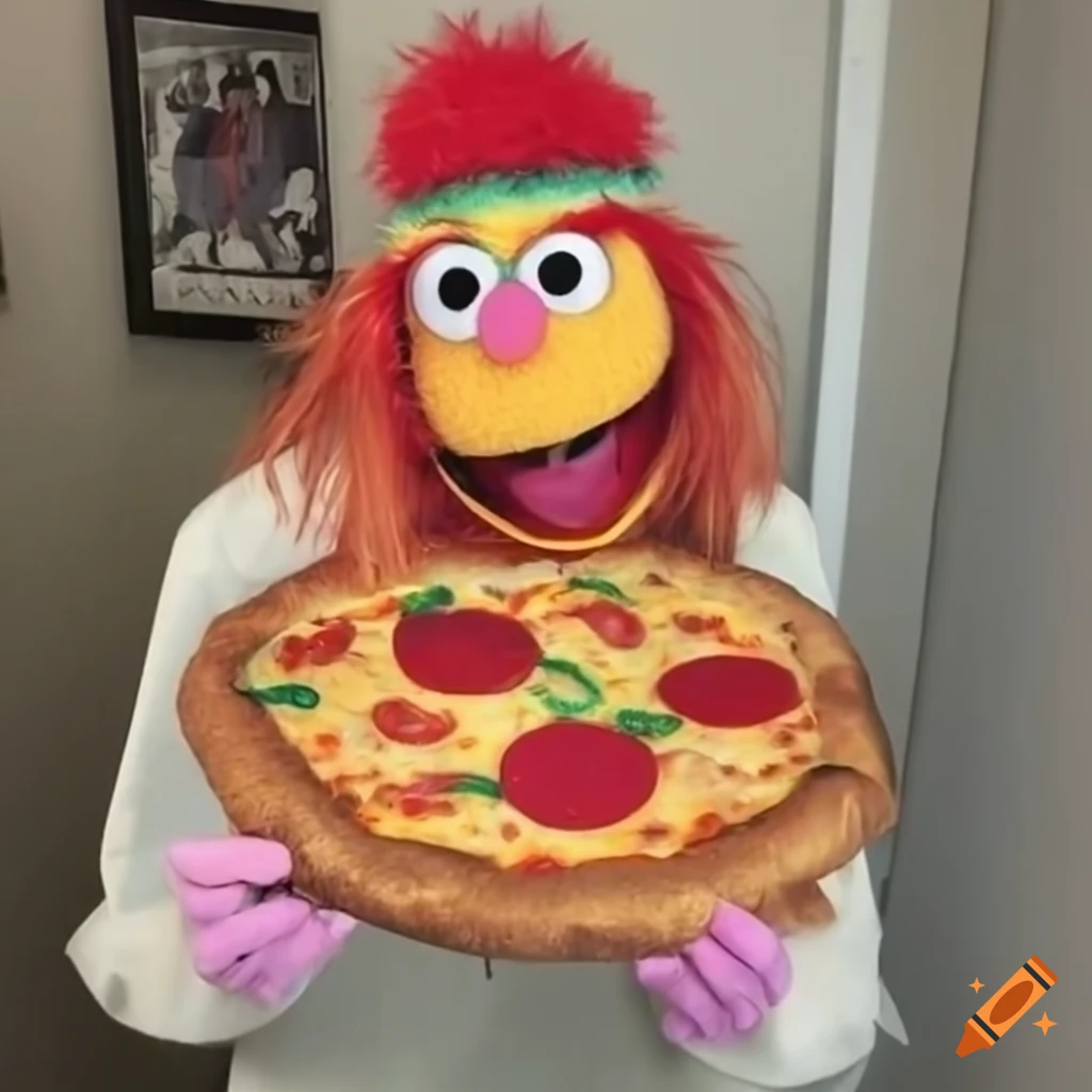 Colorful muppet wearing a pizza costume on Craiyon