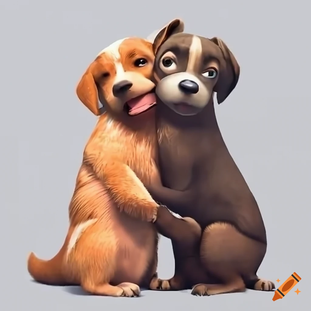 Two dogs hugging in an animated illustration on Craiyon