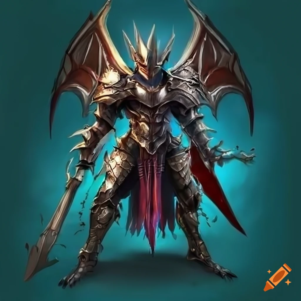 Fantasy armored dragon knight with fiery blue-green background on Craiyon