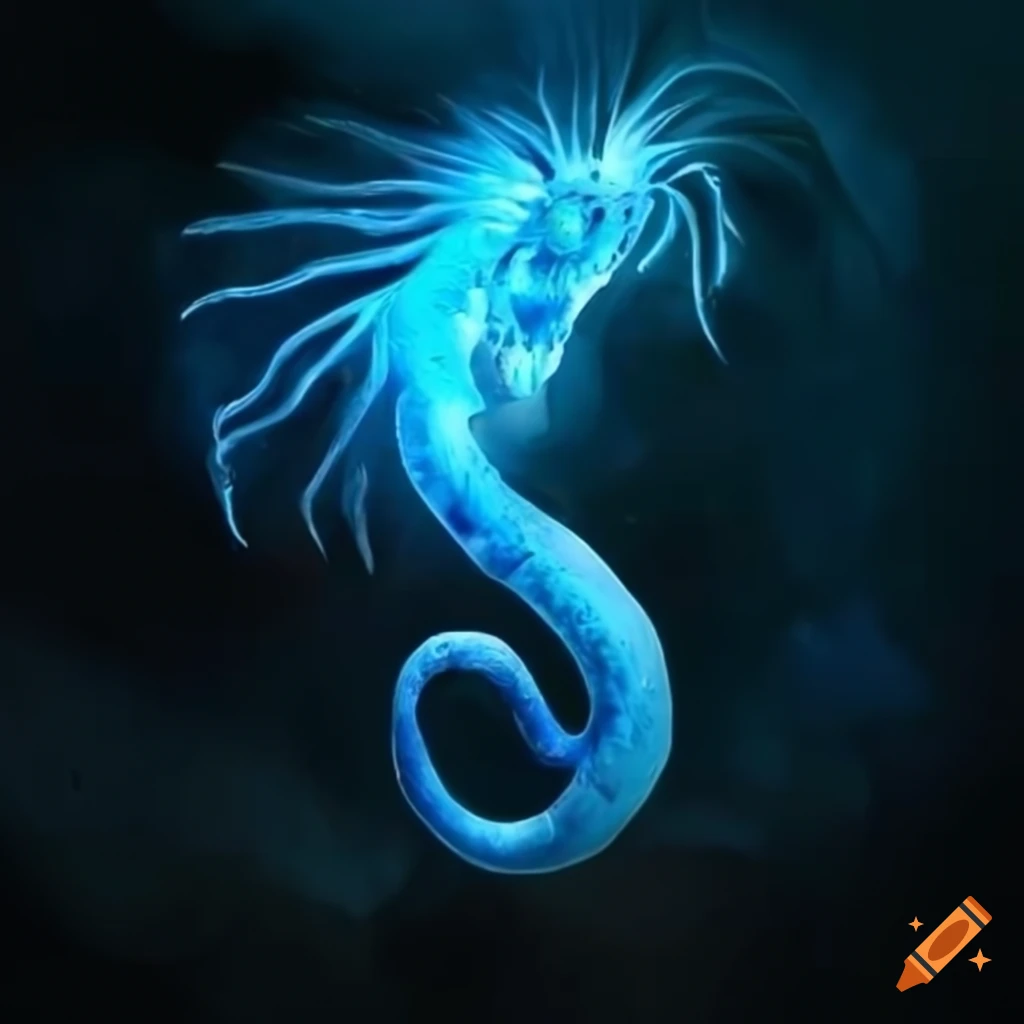 Mythical blue-glowing flying snake ghost with sharp teeth on Craiyon