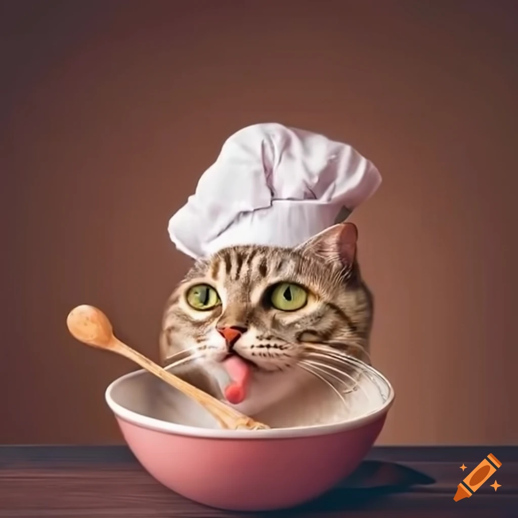 Pastry chef cat mixing batter in a bowl on Craiyon