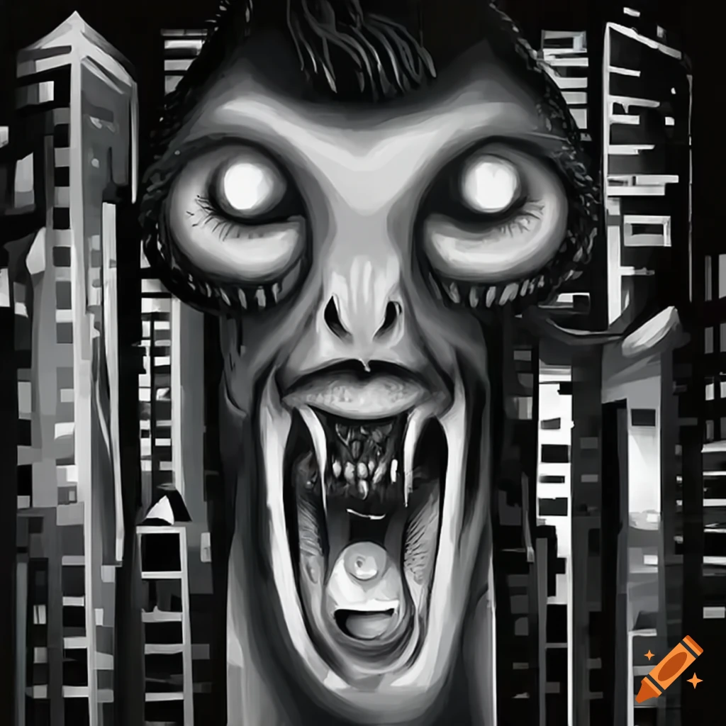 Two-headed behemoth with multiple eyes in a modern city on Craiyon