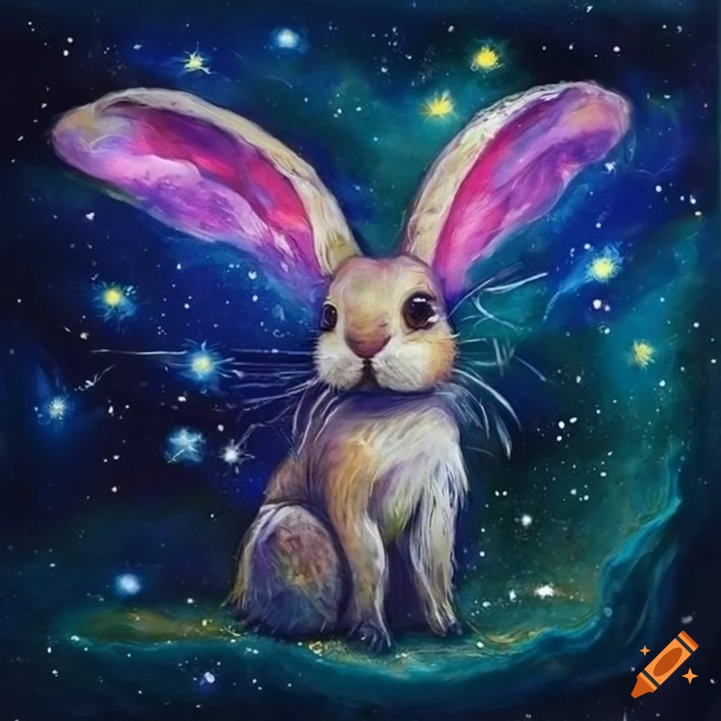 Whimsical cosmic rabbit with firefly wings flying on Craiyon