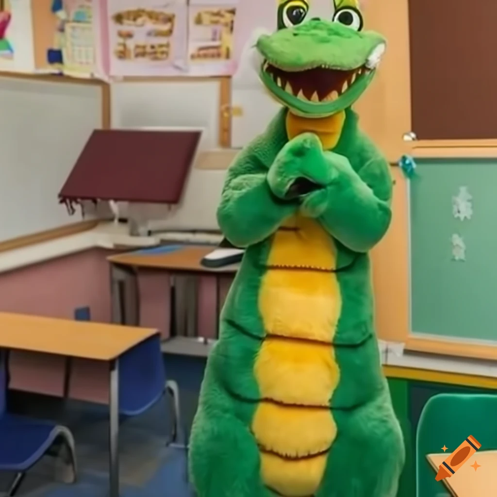 Close up of a female teacher in alligator mascot costume in classroom ...