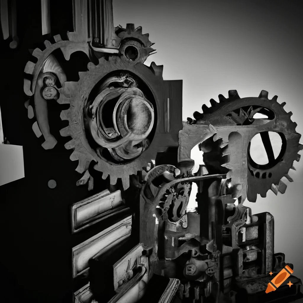 Industrial grayscale sculpture of gears and machines in front of ...