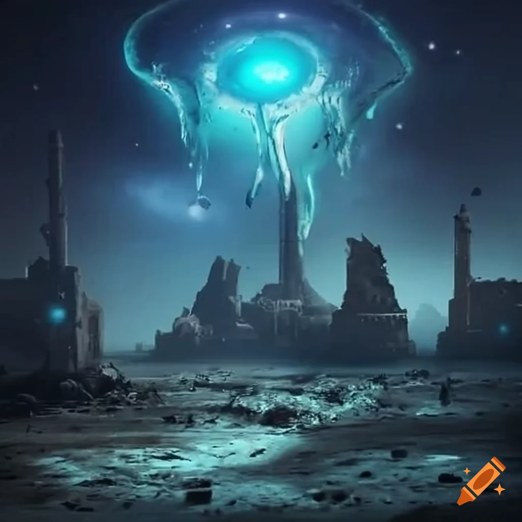 Post-apocalyptic city ruins covered in cosmic space slime during an ...