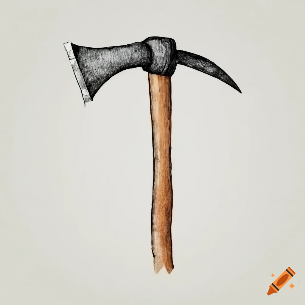 Parchment pencil drawing of a pickaxe in black and white on Craiyon