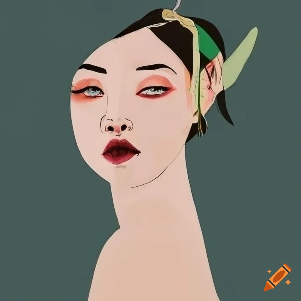 Abstract art nouveau fashion drawing of a girl propped up on her arm on ...