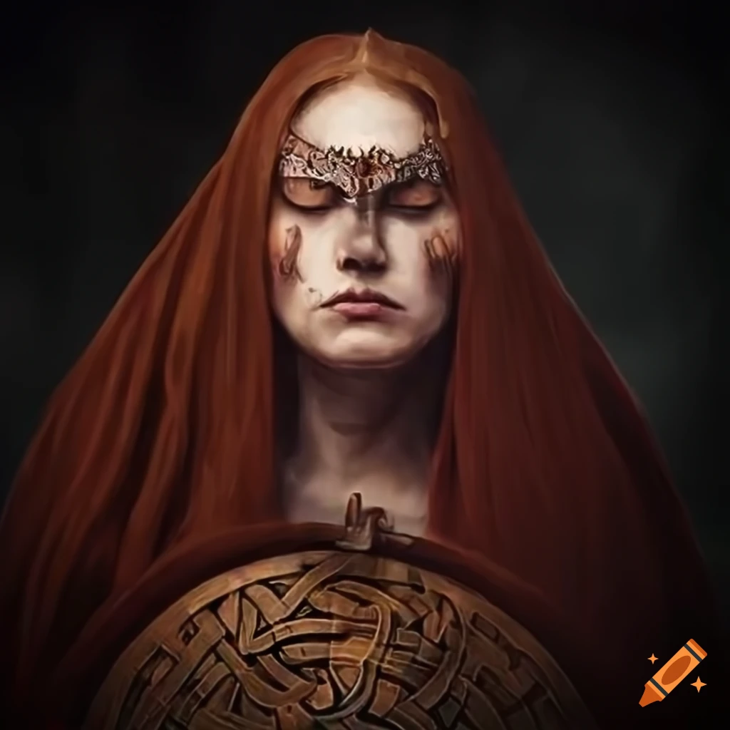 Portrait of norse shieldmaiden in traditional viking war paint praying ...
