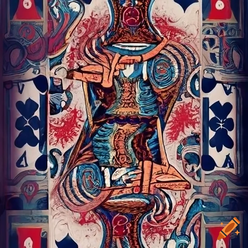 Surrealist joker playing card with unique motifs and textures on Craiyon