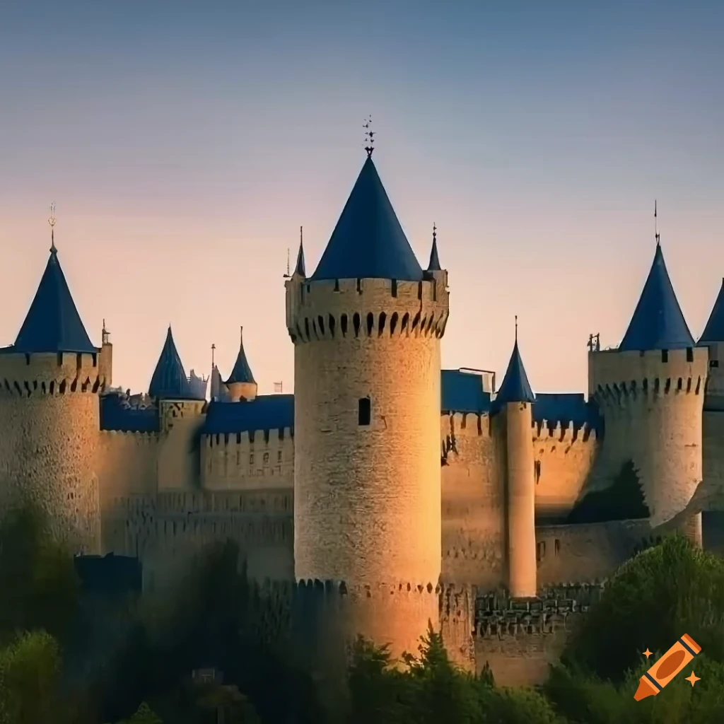 Symmetrical castle with combined Carcassone and Alcazar architectures ...