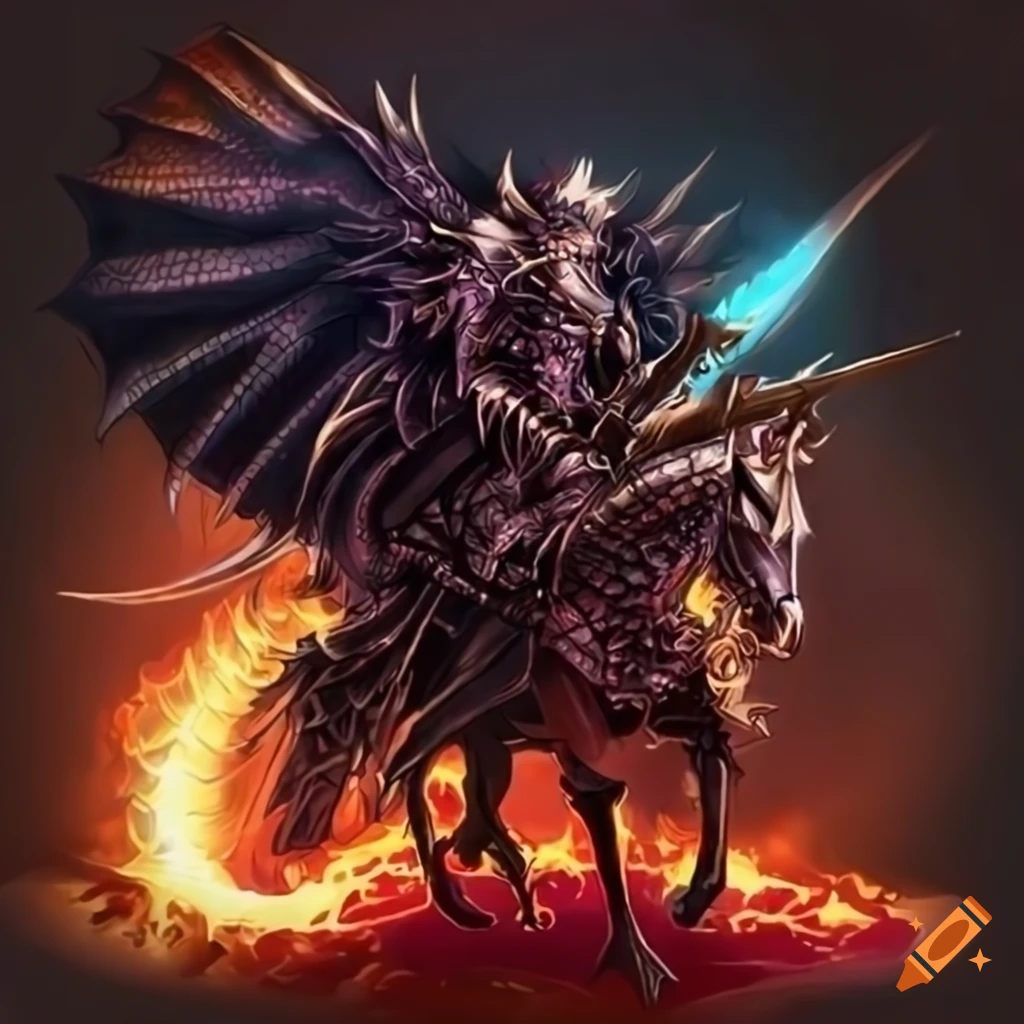 Noble vampire knight riding a dragon surrounded by flames and glowing ...
