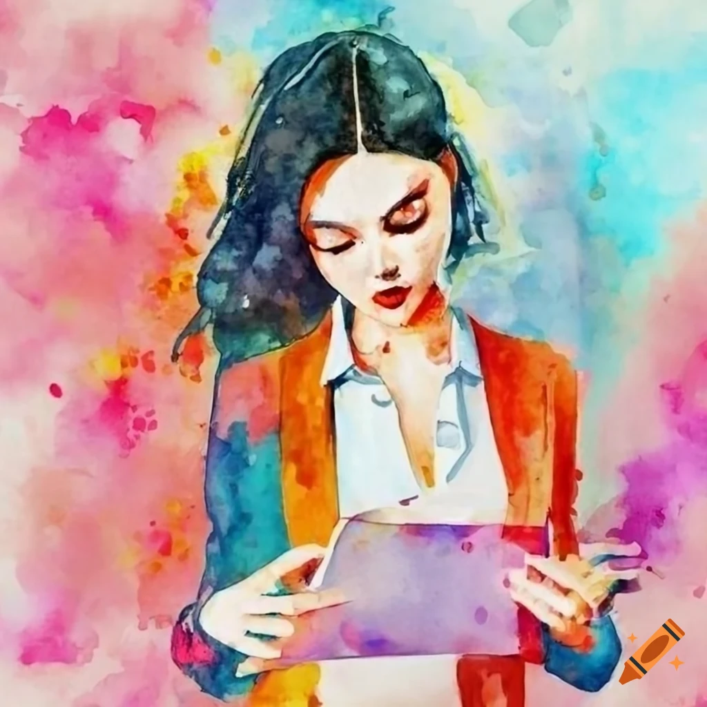 Female receptionist meeting clients in a modern setting - watercolor ...