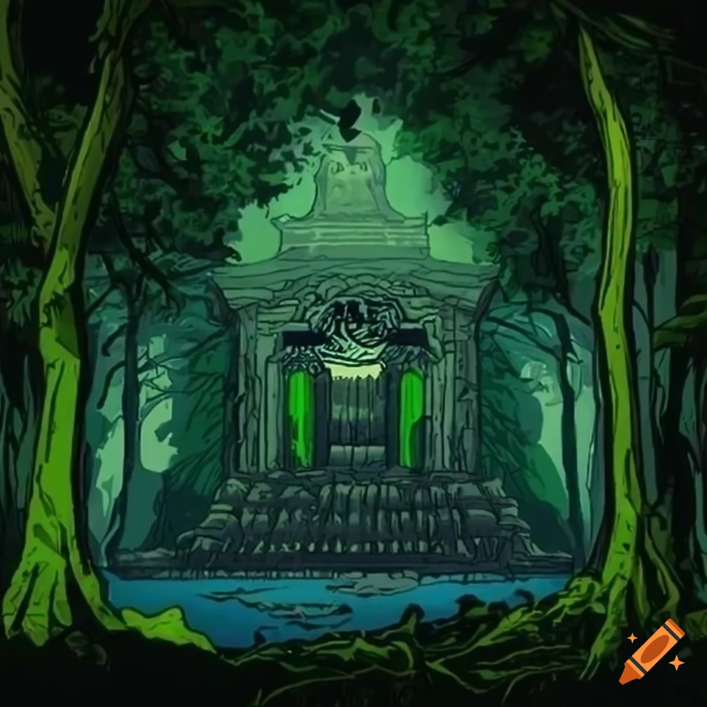 Alien temple in a dense forest with comic book style on Craiyon
