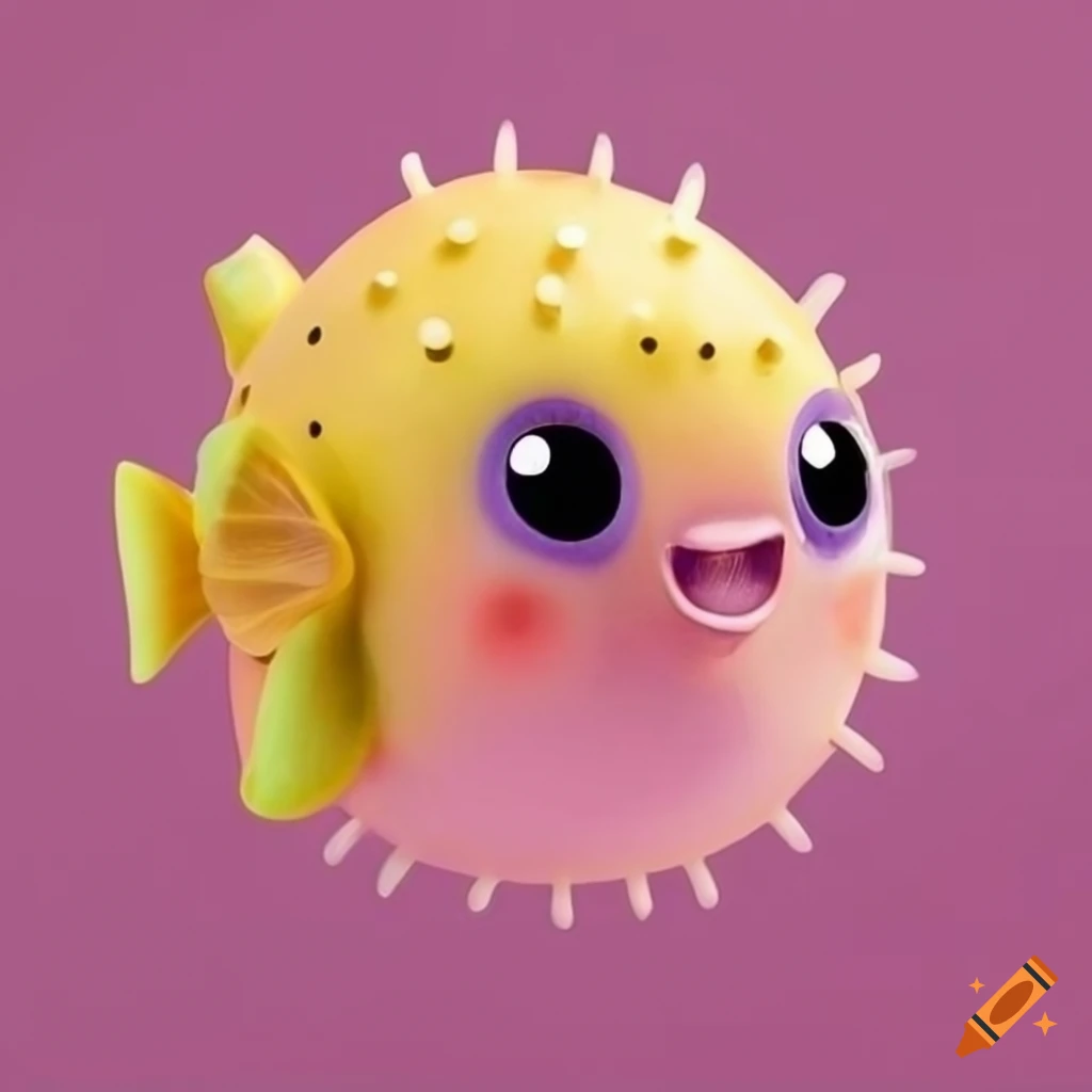 Kawaii style pastel pufferfish in pink, purple, and yellow colors on ...