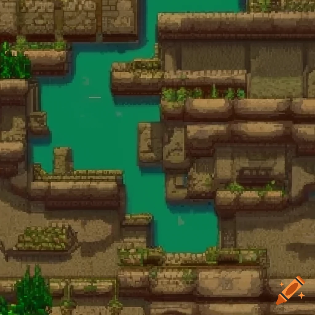 Top down 2d pixel art of a sunny canyon river on Craiyon