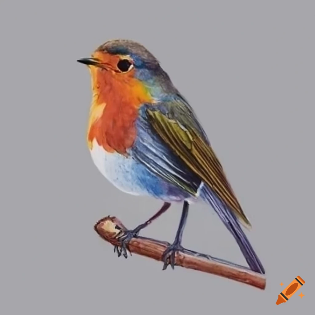 Realistic color pencil drawing of a robin on white background on Craiyon