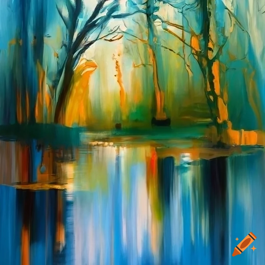 Abstract painting of river shore with trees and reflections on Craiyon