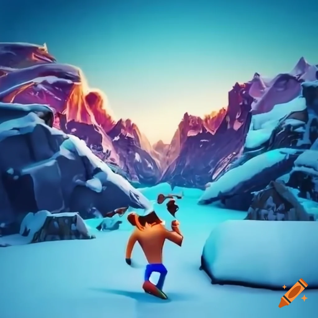 Crash bandicoot in winter mountain scenery on Craiyon